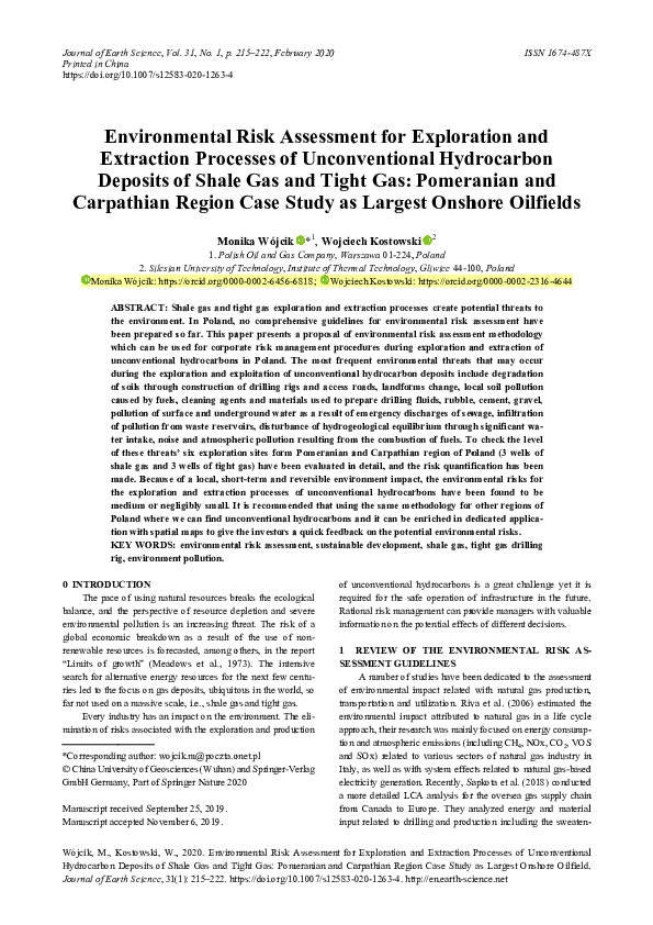 (PDF) Environmental Risk Assessment for Exploration and Extraction Processes of Unconventional ...