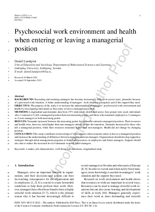 (PDF) Psychosocial work environment and health when entering or leaving ...