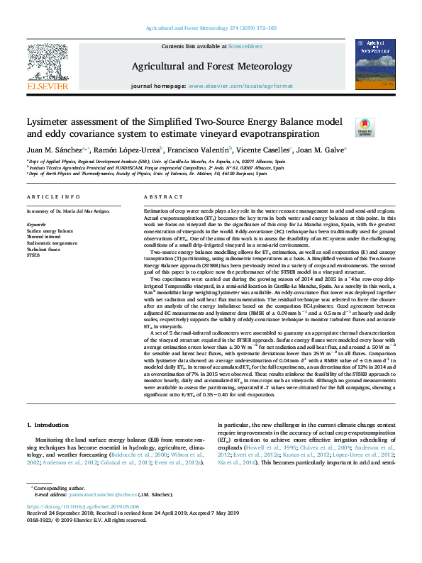 (PDF) Lysimeter assessment of the Simplified Two-Source Energy Balance ...