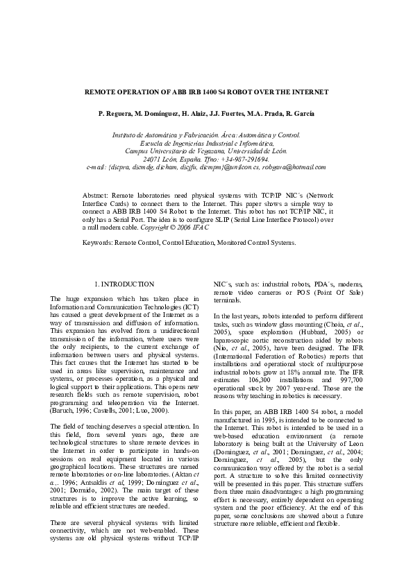 (PDF) Remote Operation of Abb Irb 1400 S4 Robot Over the Internet ...