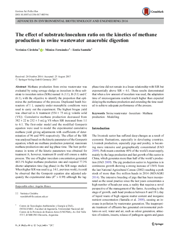 (PDF) Impact of Substrate/Inoculum Ratio on Methane Production