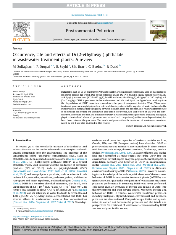 (PDF) Occurrence, fate and effects of Di (2-ethylhexyl) Phthalate in wastewater treatment plants ...