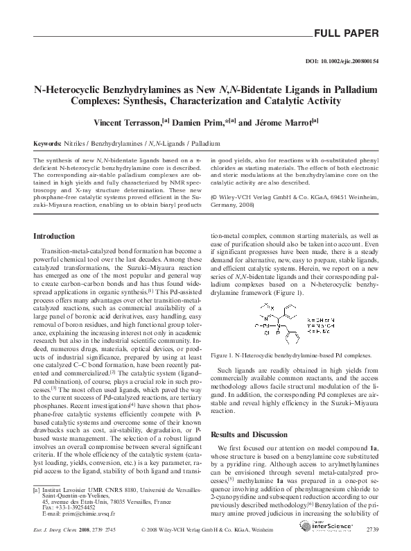 (PDF) N‐Heterocyclic Benzhydrylamines as New N , N ‐Bidentate Ligands in Palladium Complexes ...