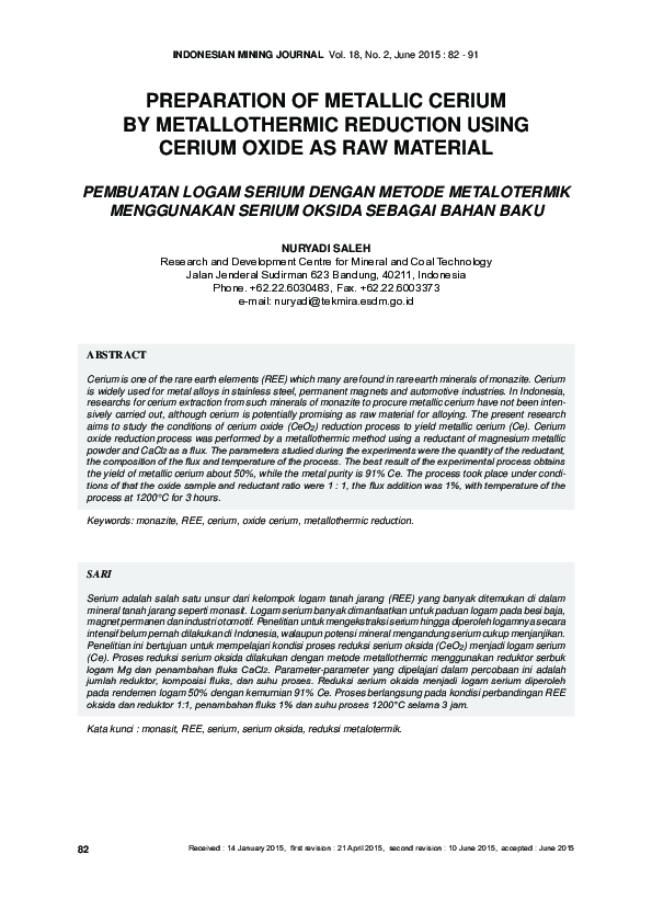 (PDF) Preparation of Metallic Cerium by Metallothermic Reduction Using ...