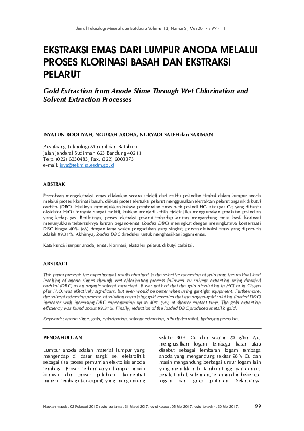 (PDF) Ekstraksi emas dari lumpur anoda melalui proses klorinasi basah ...