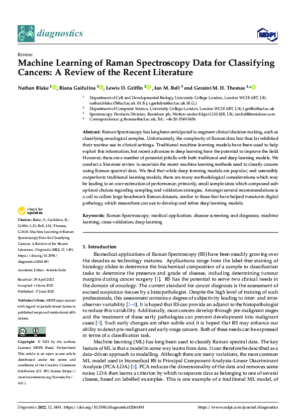 (PDF) Machine Learning of Raman Spectroscopy Data for Classifying Cancers: a Review of the ...