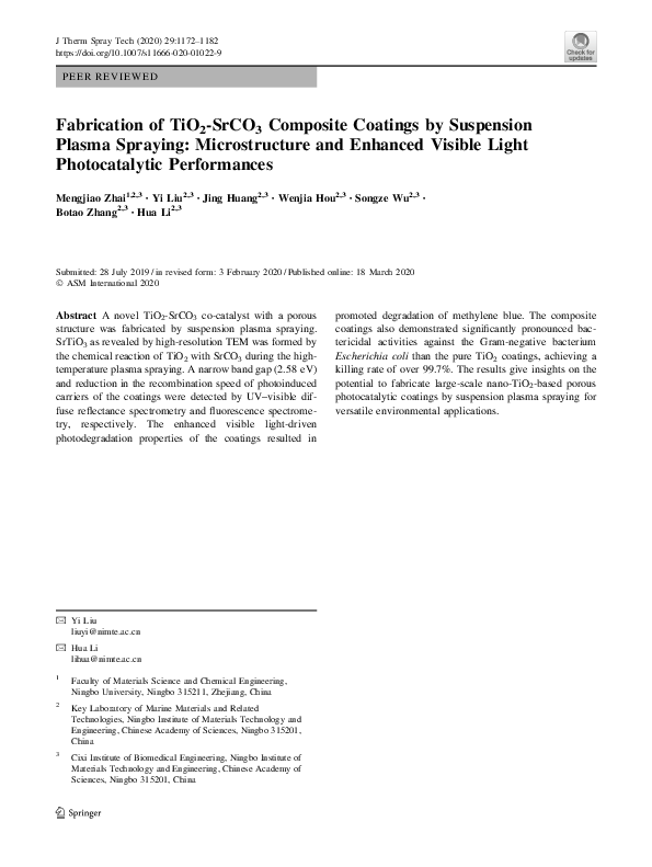 (PDF) Fabrication of TiO2-SrCO3 Composite Coatings by Suspension Plasma Spraying: Microstructure ...