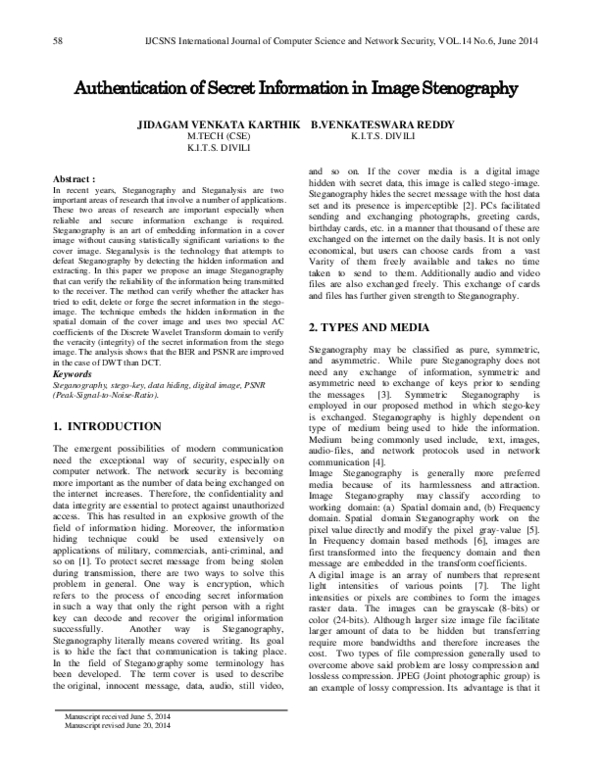 (PDF) Authentication of Secret Information in Image Stenography