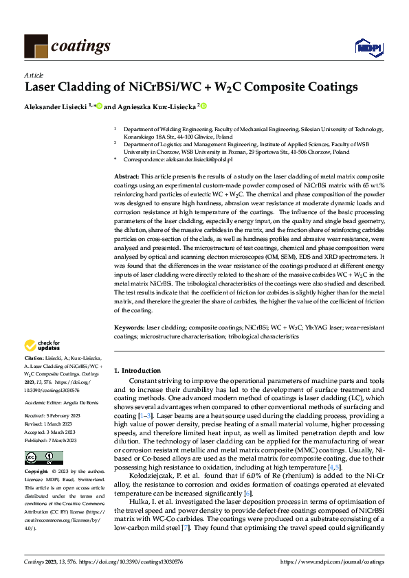 (PDF) Laser Cladding of NiCrBSi/WC + W2C Composite Coatings