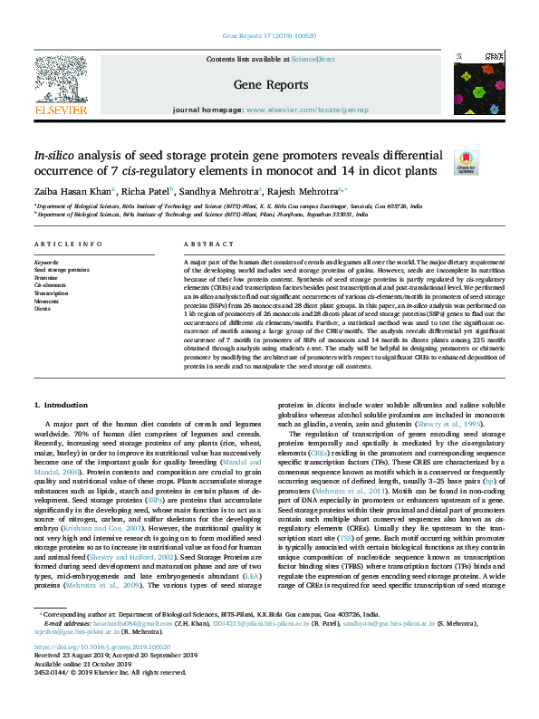 Pdf In Silico Analysis Of Seed Storage Protein Gene Promoters Reveals Differential Occurrence