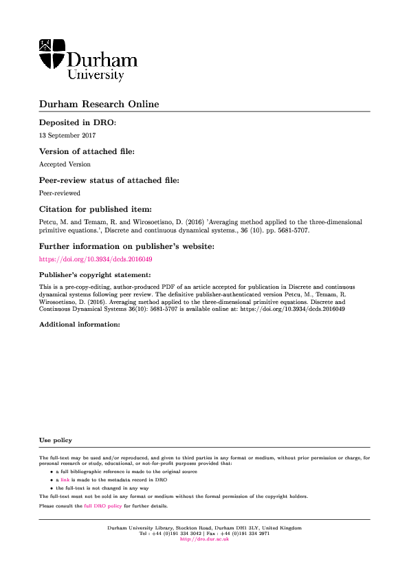 (PDF) Averaging method applied to the three-dimensional primitive equations