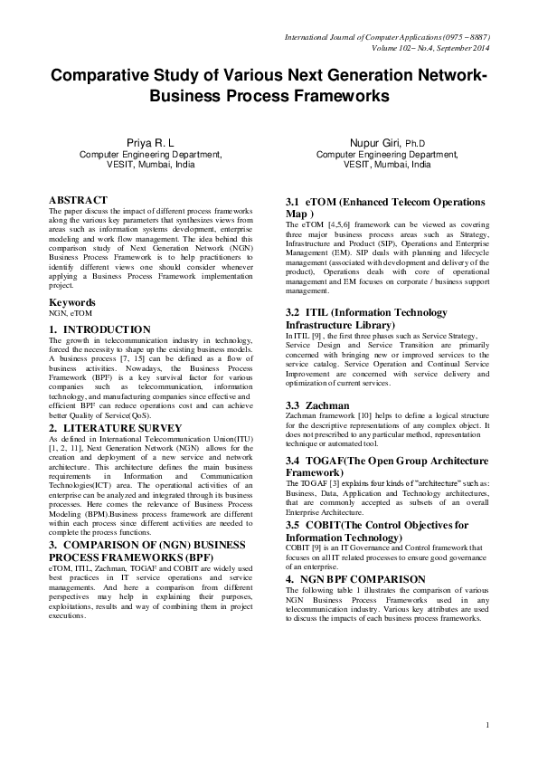 (PDF) Comparative Study of Various Next Generation Network- Business Process Framework
