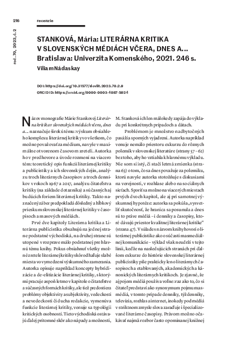 (PDF) Stanková, Mária: Literárna kritika v slovenských médiách včera ...