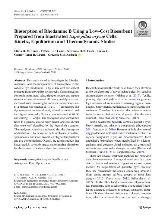 (PDF) Biosorption of Rhodamine B Using a Low-Cost Biosorbent Prepared from Inactivated ...