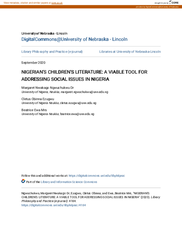 (PDF) Nigerian’s Children’s Literature: A Viable Tool for Addressing ...