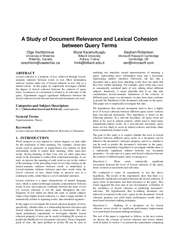 (PDF) A Study of Document Relevance and Lexical Cohesion between Query Terms