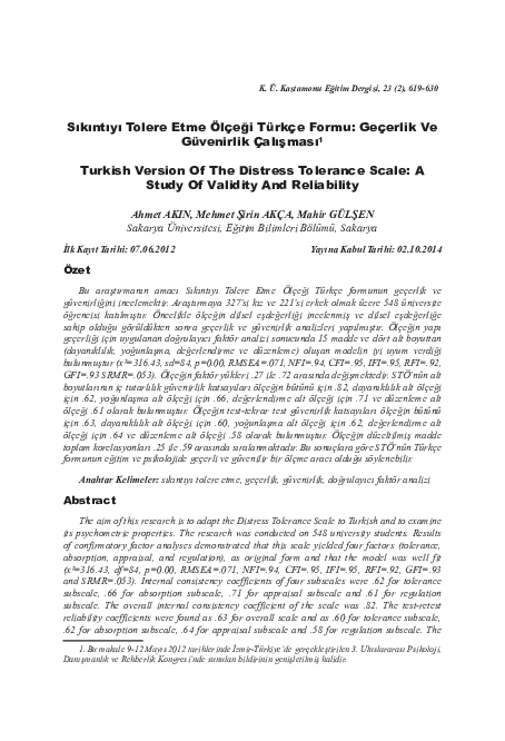 (PDF) Turkish Version of the Distress Tolerance Scale: A Study of Validity and Reliability