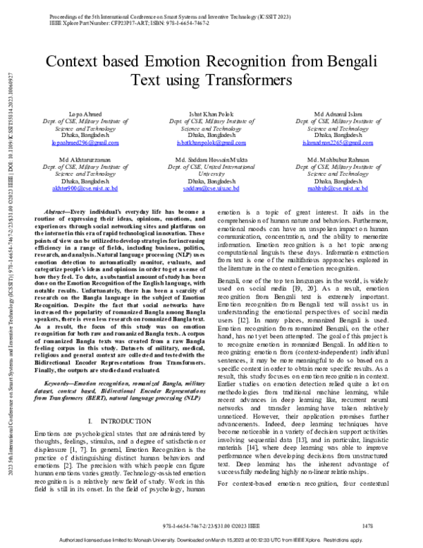 (PDF) Context based Emotion Recognition from Bengali Text using Transformers