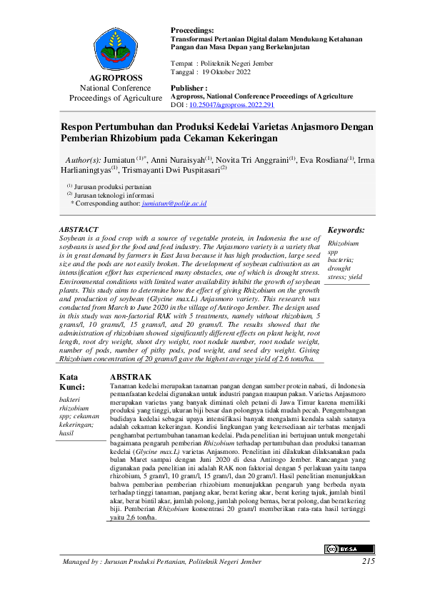 (PDF) Respon Pertumbuhan dan Produksi Kedelai Varietas Anjasmoro Dengan Pemberian Rhizobium pada ...