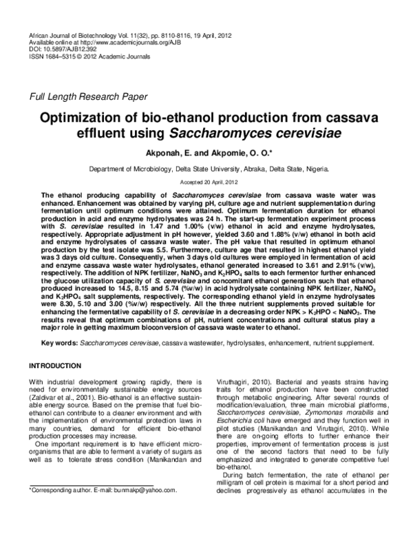 Pdf Optimization Of Bio Ethanol Production From Cassava Effluent Using Saccharomyces Cerevisiae