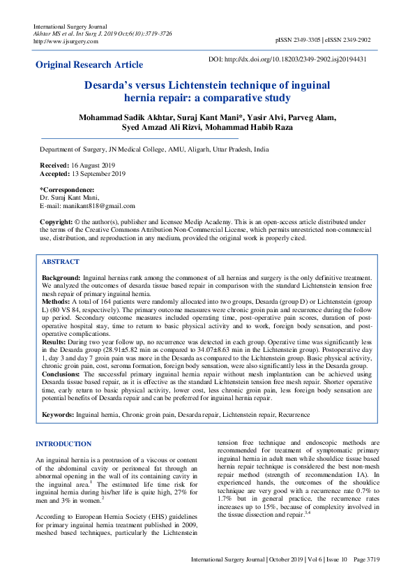 (PDF) Desarda’s versus Lichtenstein technique of inguinal hernia repair ...