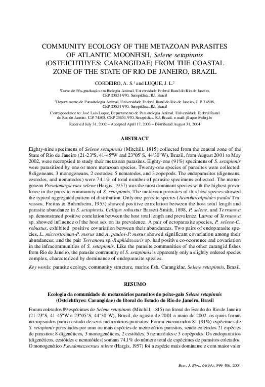 (PDF) Community ecology of the metazoan parasites of Atlantic Moonfish ...