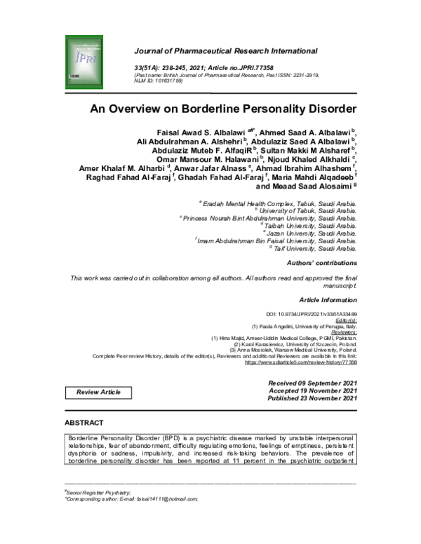 (PDF) An Overview on Borderline Personality Disorder