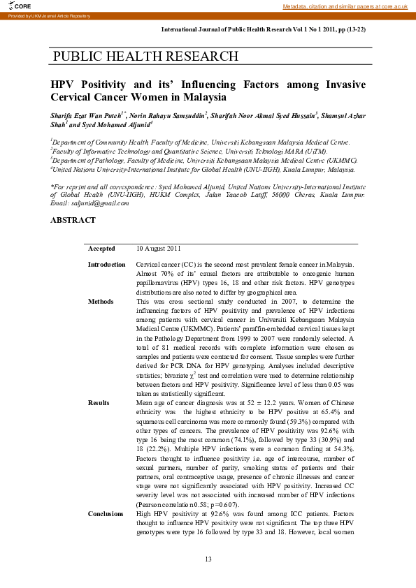 (PDF) HPV Positivity and its’ Influencing factors among invasive ...