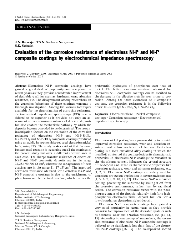 Pdf Evaluation Of The Corrosion Resistance Of Electroless Ni P And Ni P Composite Coatings By