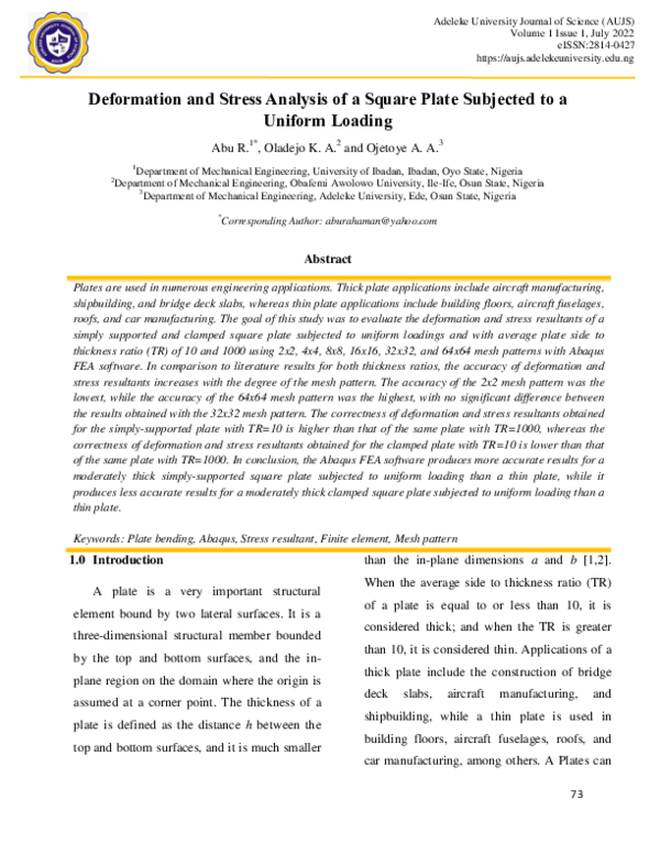 (PDF) Deformation and Stress Analysis of a Square Plate Subjected to a Uniform Loading