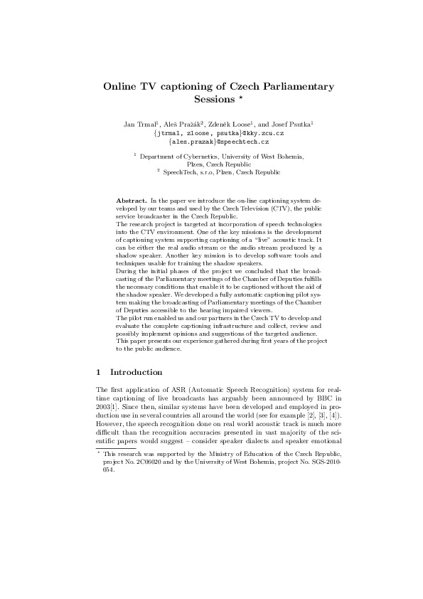 (PDF) Online TV Captioning of Czech Parliamentary Sessions