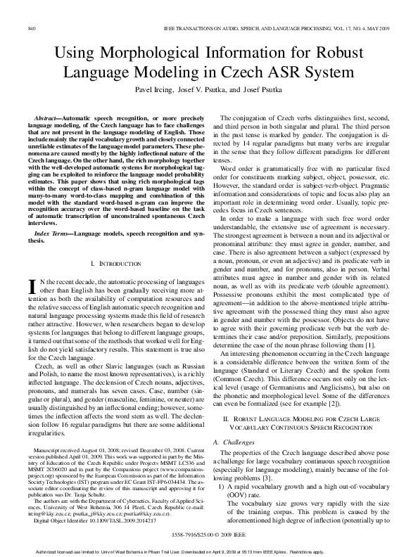 (PDF) Using Morphological Information for Robust Language Modeling in Czech ASR System