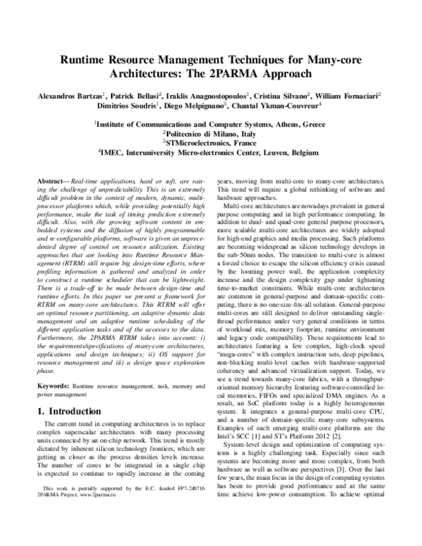 (PDF) Run-Time Resource Management Techniques for Many-Core Architectures: The 2PARMA Approach