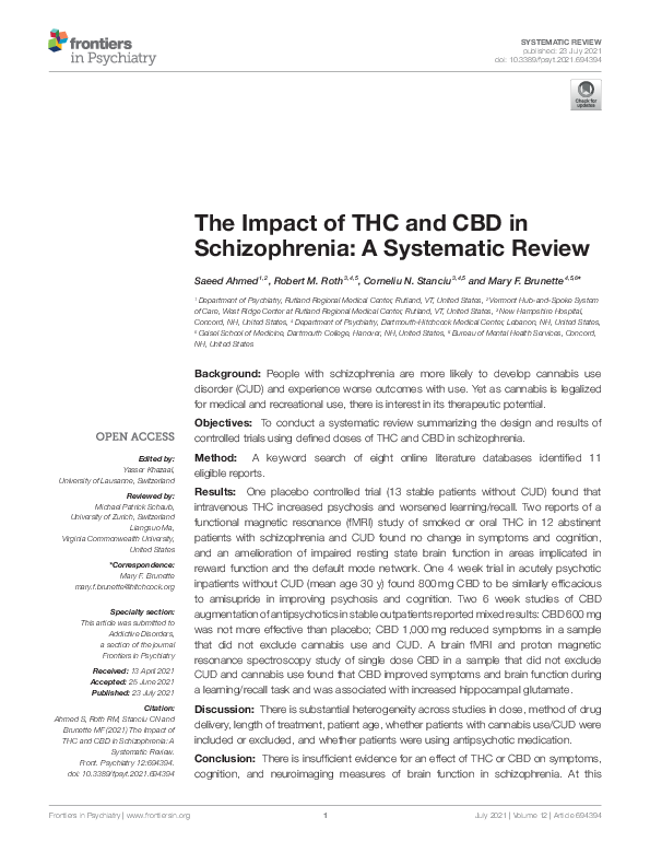 (PDF) The Impact of THC and CBD in Schizophrenia: A Systematic Review