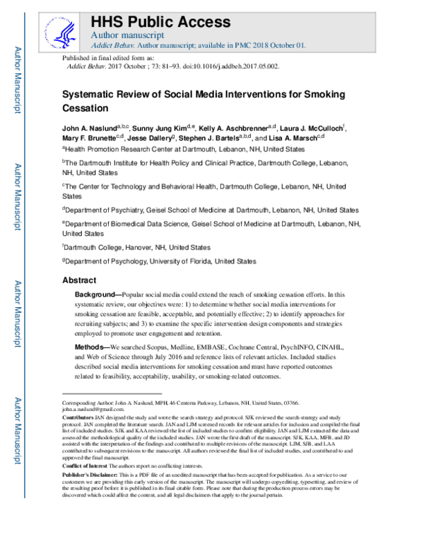 (PDF) Systematic review of social media interventions for smoking cessation