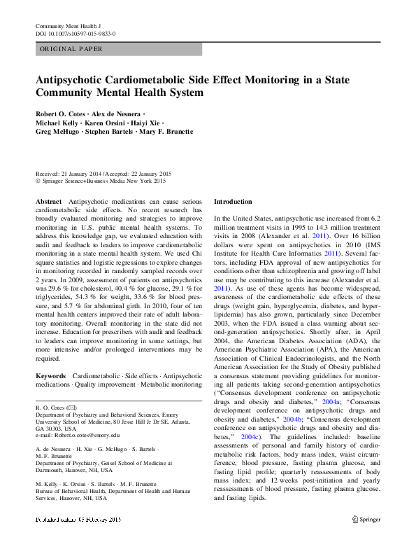 (PDF) Antipsychotic Cardiometabolic Side Effect Monitoring in a State ...