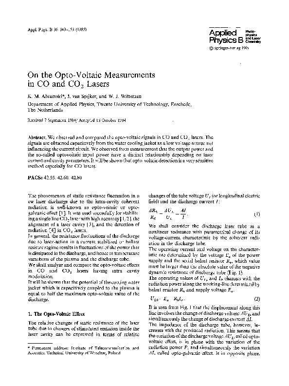 (PDF) On the opto-voltaic measurements in CO and CO2 lasers | Krzysztof ...