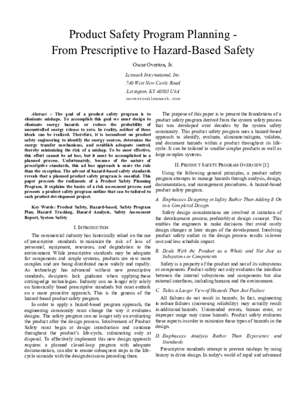 (PDF) Product safety program planning — From prescriptive to hazard ...
