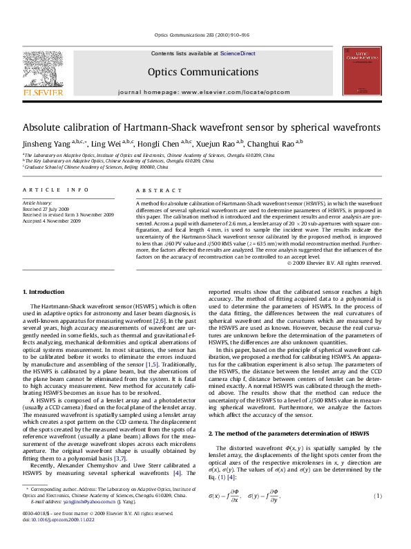 (PDF) Absolute calibration of Hartmann-Shack wavefront sensor by spherical wavefronts