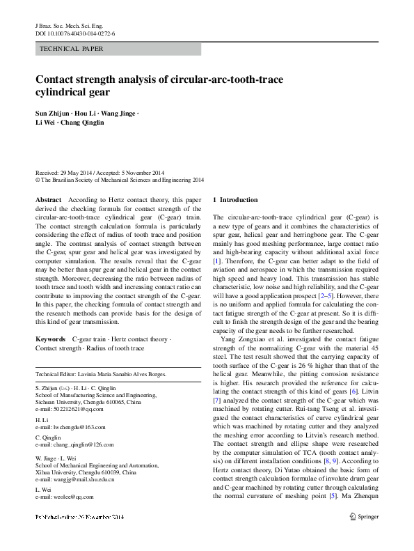 (PDF) Contact strength analysis of circular-arc-tooth-trace cylindrical ...