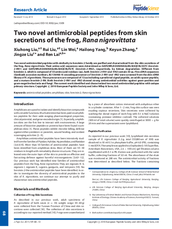 (PDF) Two novel antimicrobial peptides from skin secretions of the frog ...