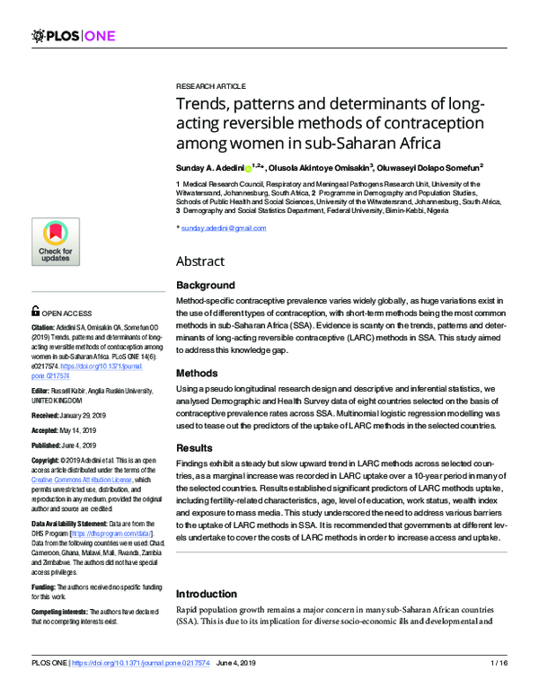 Pdf Trends Patterns And Determinants Of Long Acting Reversible Methods Of Contraception Among