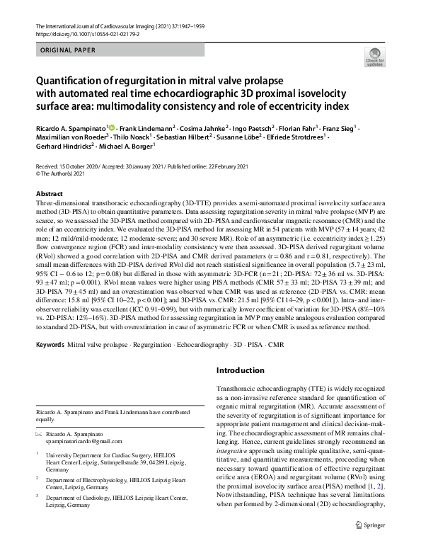 (PDF) Quantification of regurgitation in mitral valve prolapse with automated real time ...