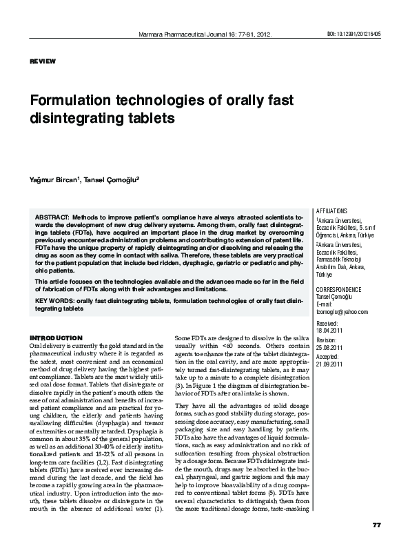 (PDF) Formulation technologies of orally fast disintegrating tablets