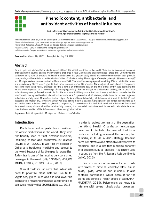 (PDF) Phenolic content, antibacterial and antioxidant activities of herbal infusions