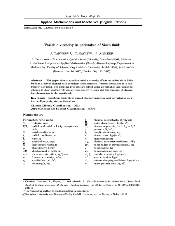 (PDF) Variable viscosity in peristalsis of Sisko fluid