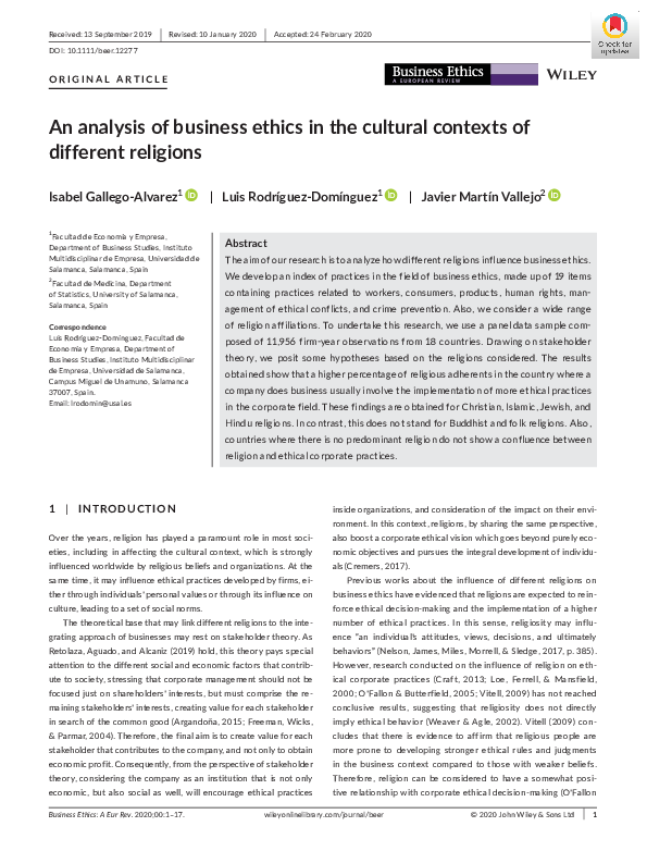 (PDF) An analysis of business ethics in the cultural contexts of ...