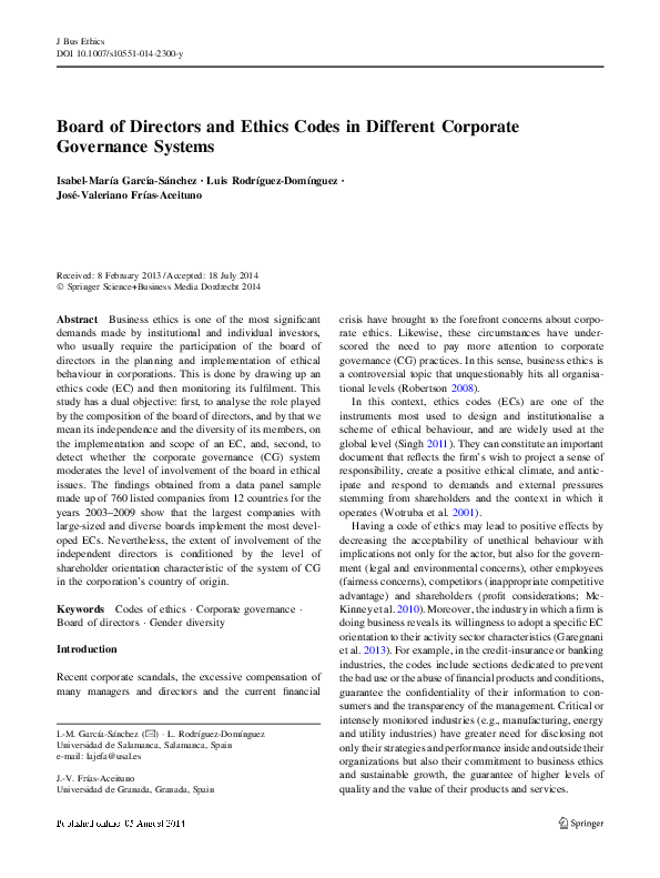 (PDF) Board of Directors and Ethics Codes in Different Corporate ...