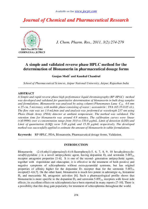 (PDF) A simple and validated reverse phase HPLC method for the ...