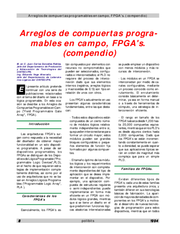 (PDF) Arreglos de compuertas programables en campo, FPGA's. (compendio)